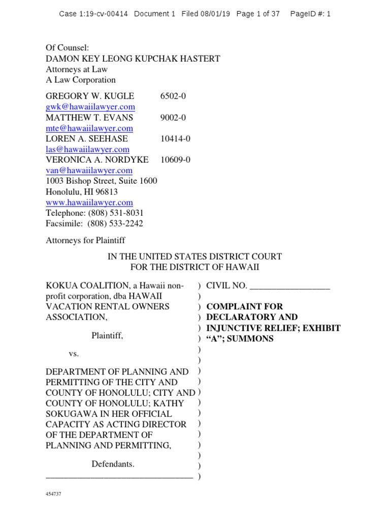 Complaint For Declaratory and Injunctive Relief, Kokua Coalition v. Dep ...
