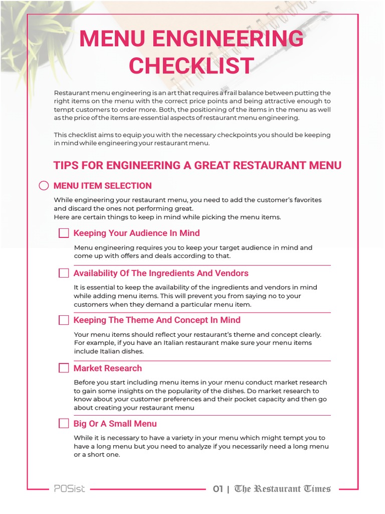 Restaurant Menu Engineering Checklist | PDF | Menu | Business Economics