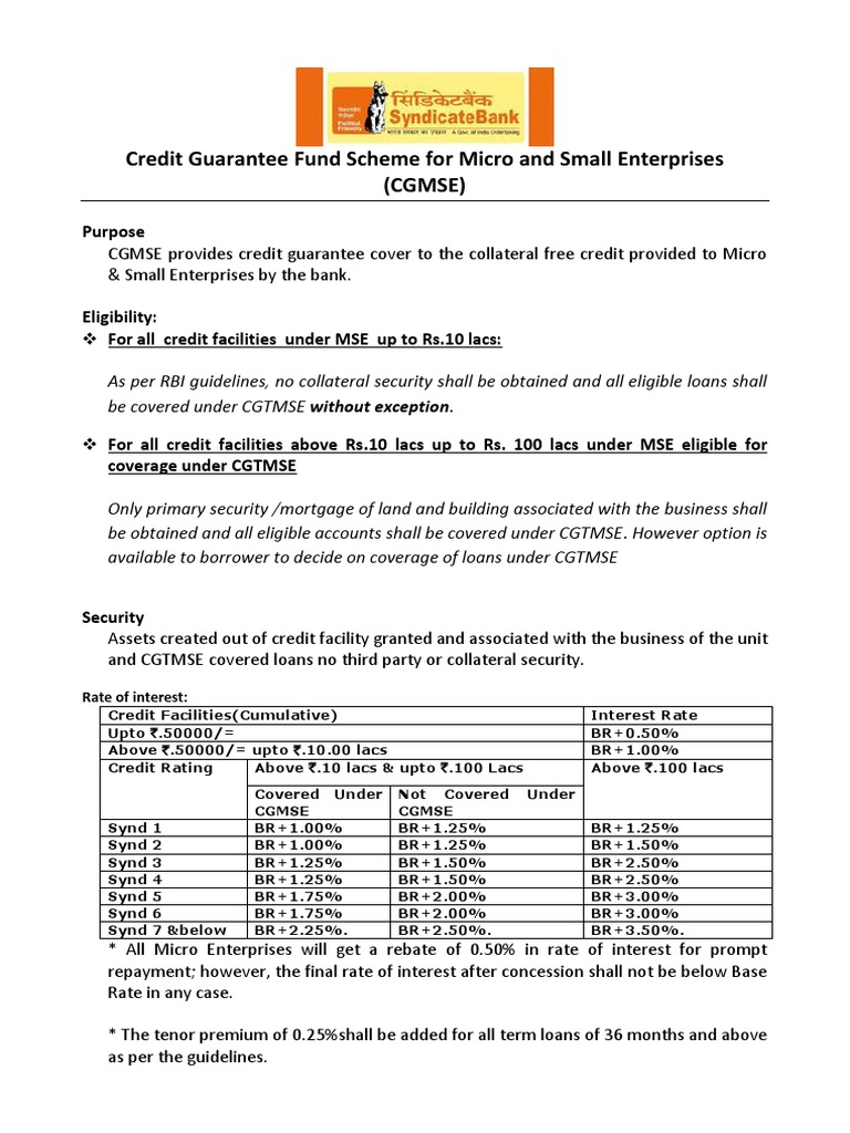 Credit Guarantee Fund Scheme For Micro and Small Enterprises (Cgmse ...