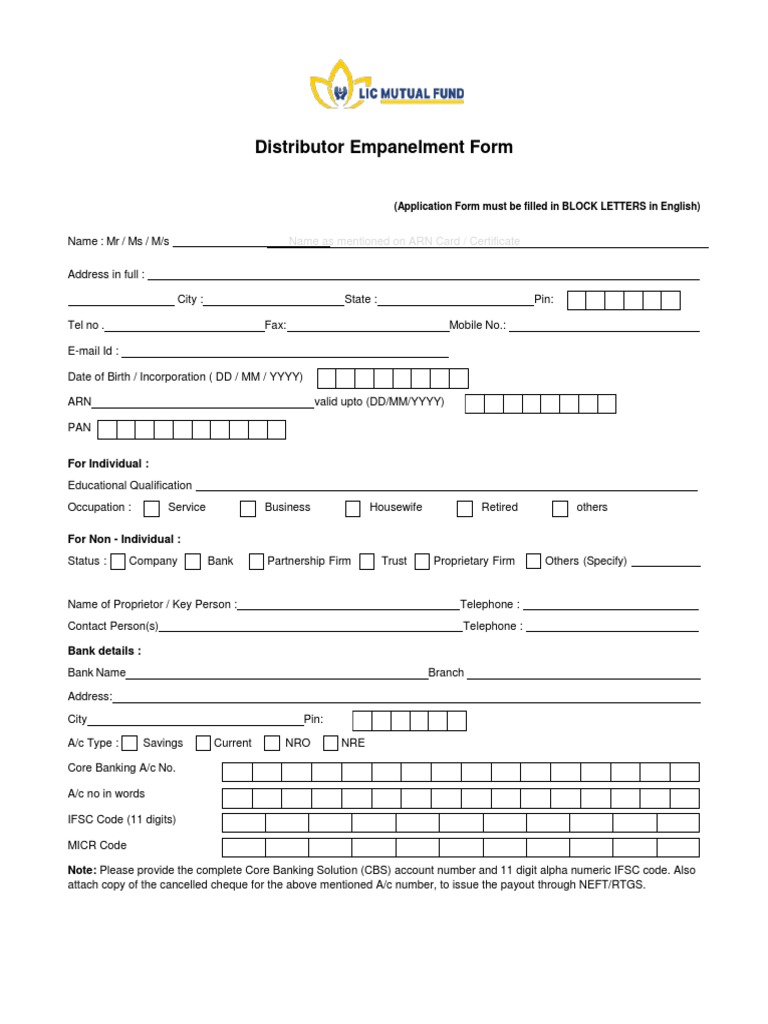 Distributor Empanelment Form: Name As Mentioned On ARN Card ...