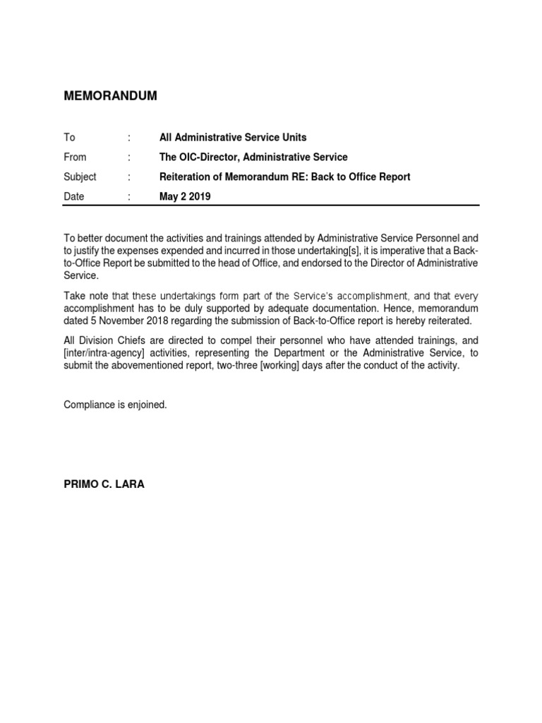 Sample Memorandum For Back To Office Report | PDF