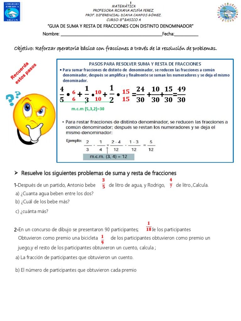 Guia Suma y Resta de Fracciones 8ºA | PDF | Fracción (Matemáticas ...