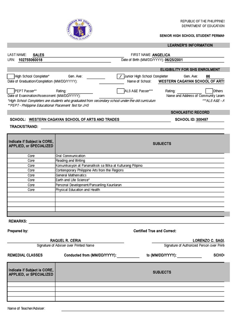 SHS Form 137 Template | PDF | Curriculum | Science