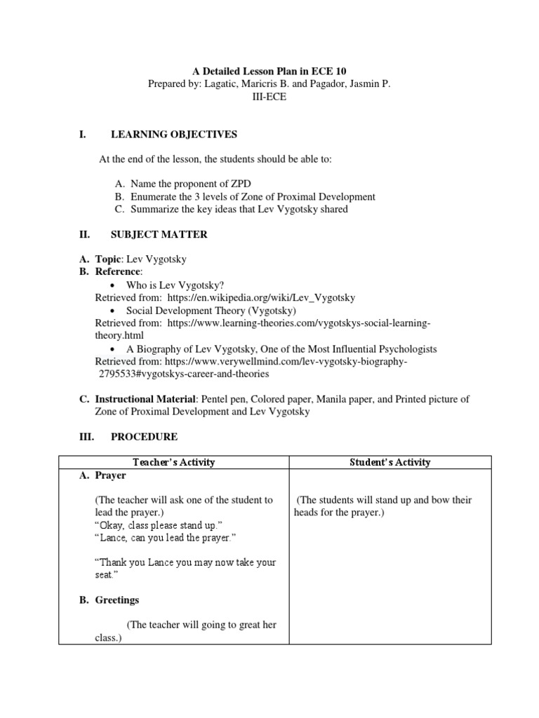Vygotsky's ZPD: ECE Lesson Plan | PDF | Neuropsychology | Action ...