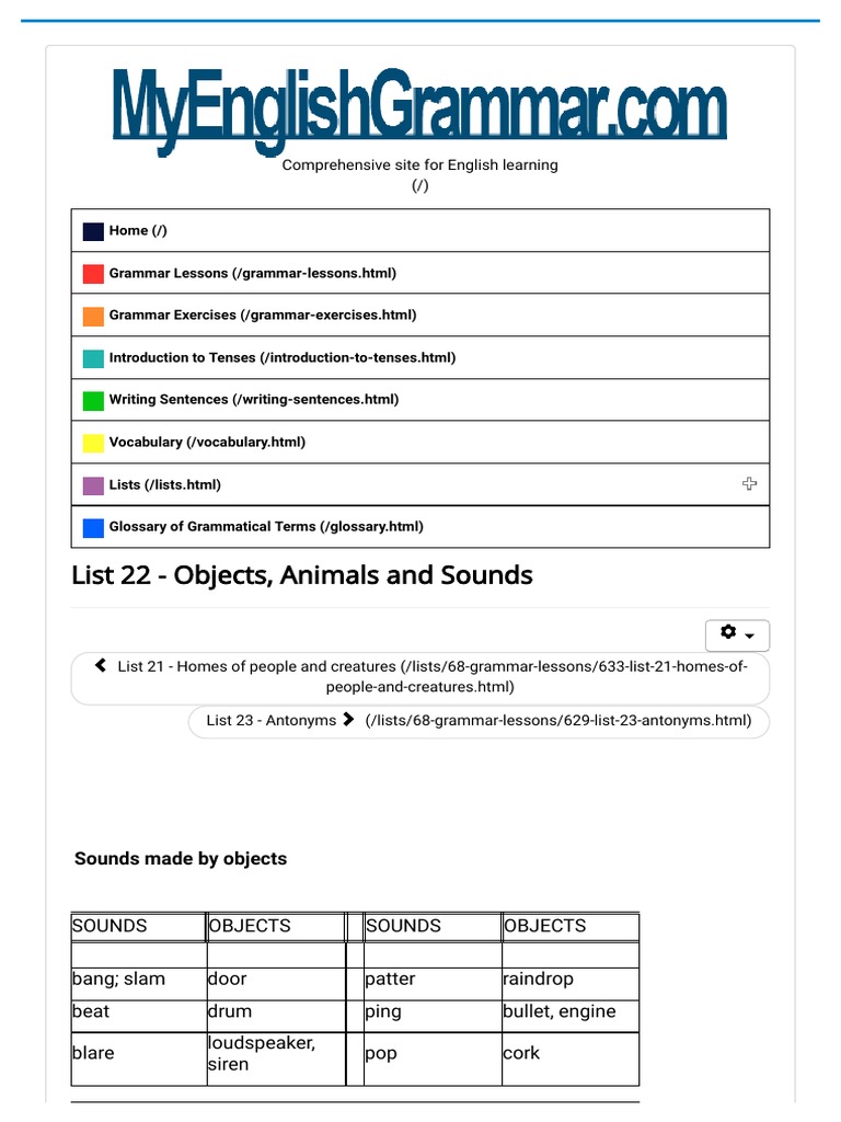 List 22 - Objects, Animals and Sounds: Comprehensive Site For English ...