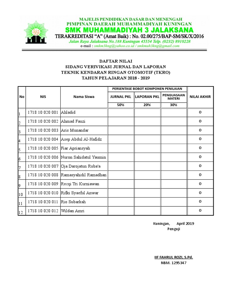 Format Nilai PKL | PDF
