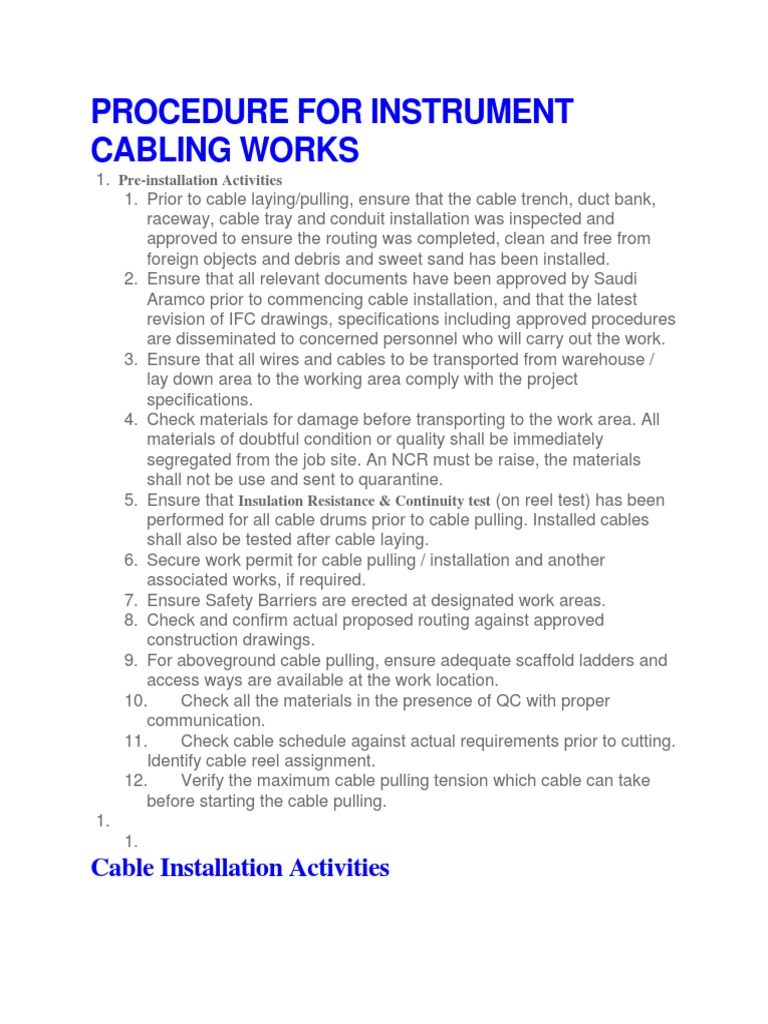 Procedure For Instrument Cabling Works: Cable Installation Activities ...