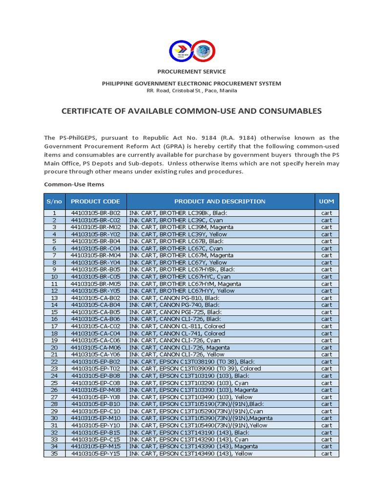 Certificate of Certificate of Available Common-Use and Consumables ...