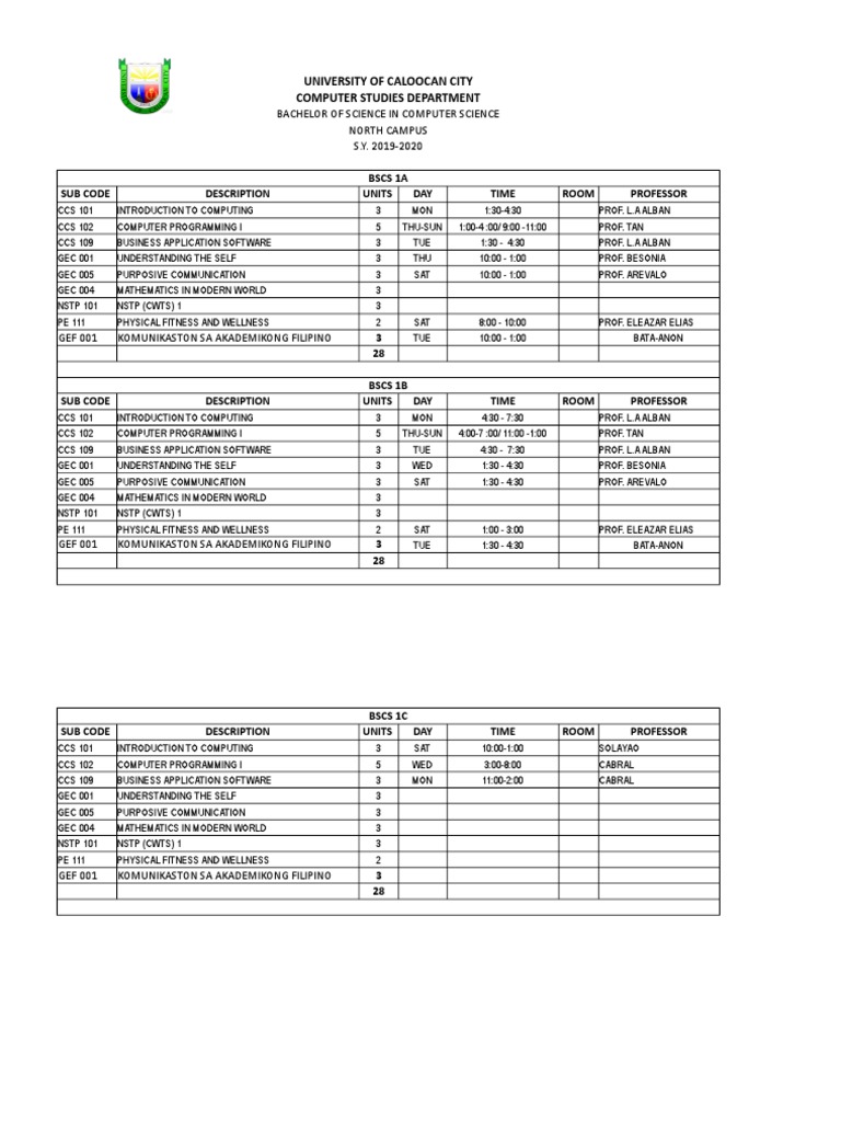 Course Schedules for Bachelor of Science in Computer Science students ...