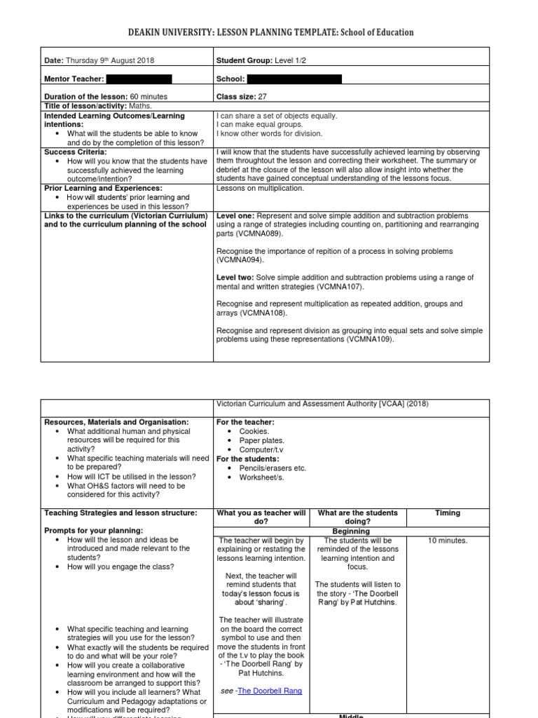 Deakin University: Lesson Planning Template: School of Education | PDF ...