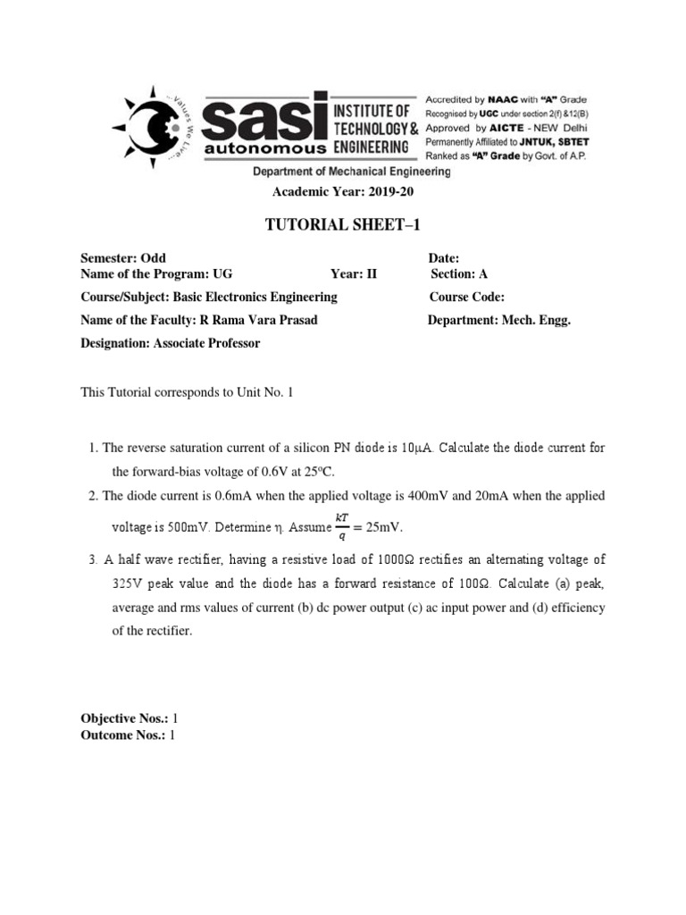 Tutorial Sheet-1: Academic Year: 2019-20 | PDF | Diode | Rectifier