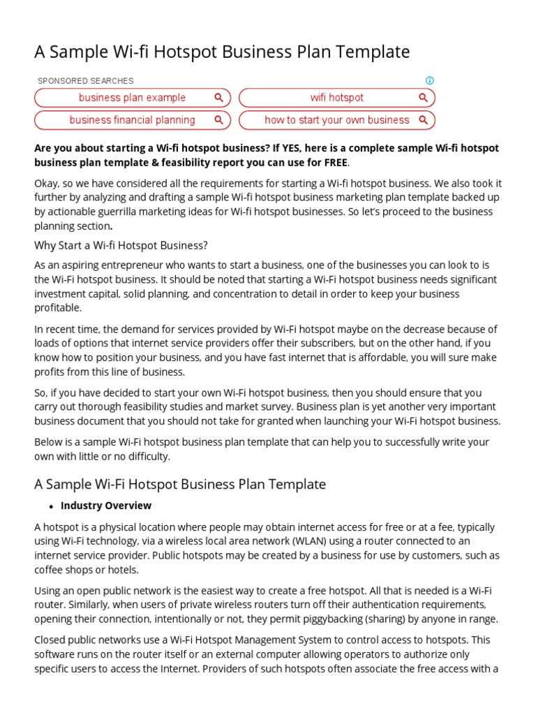 A Sample Wi-Fi Hotspot Business Plan Template - ProfitableVenture | PDF ...