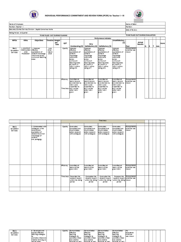 Individual Performance Commitment and Review Form (Ipcrf) For Teacher I ...