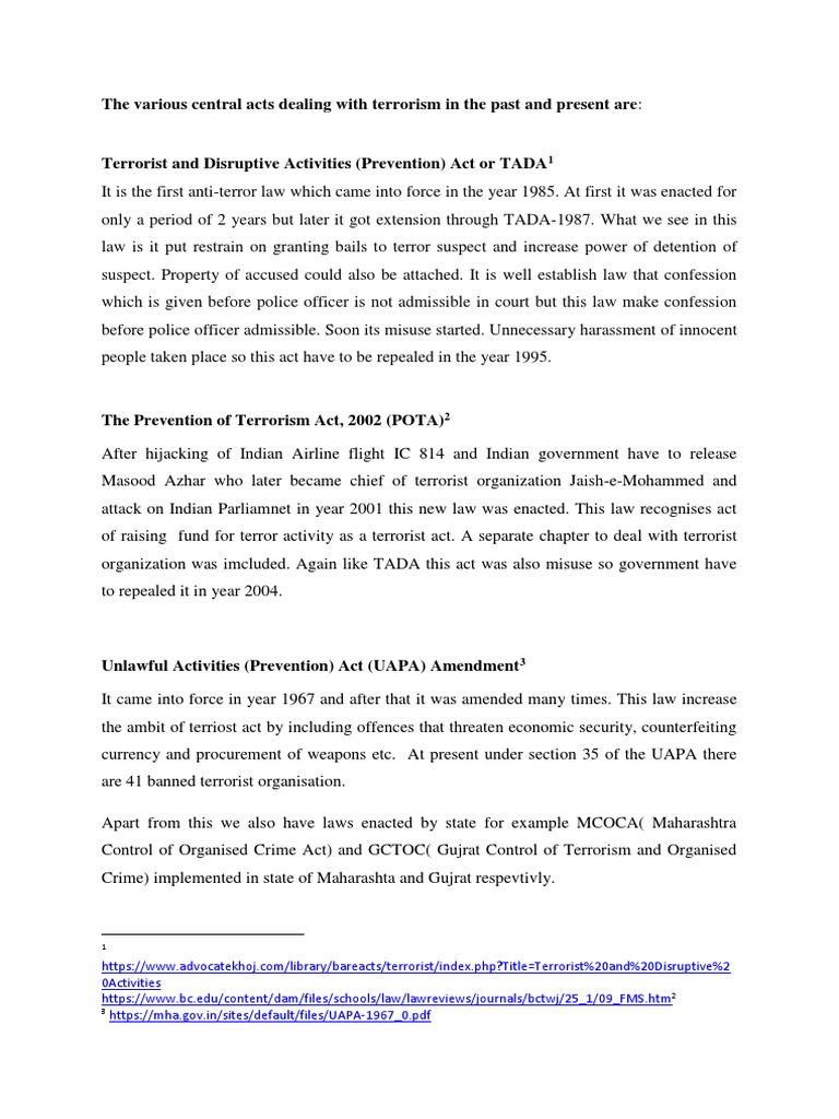 Terrorist and Disruptive Activities (Prevention) Act or TADA | PDF