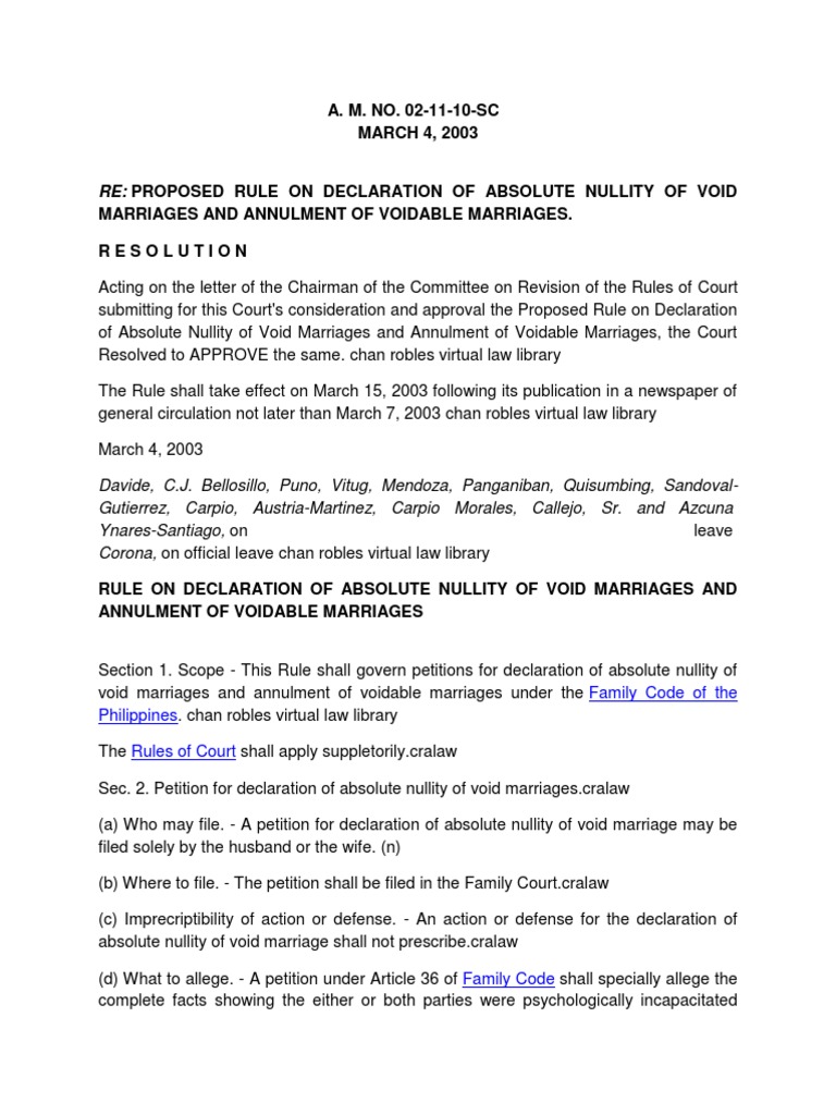 Re: Proposed Rule On Declaration of Absolute Nullity of Void | PDF | Annulment | Judgment (Law)