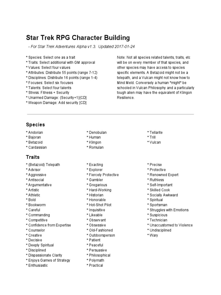 Star Trek RPG Character Building Reference | PDF | Vulcan (Star Trek ...