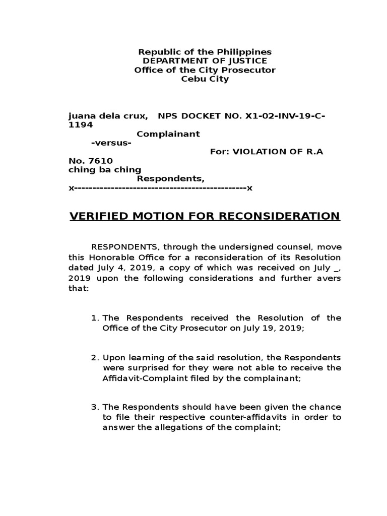 Verified Motion for Reconsideration | PDF | Affidavit | Courts