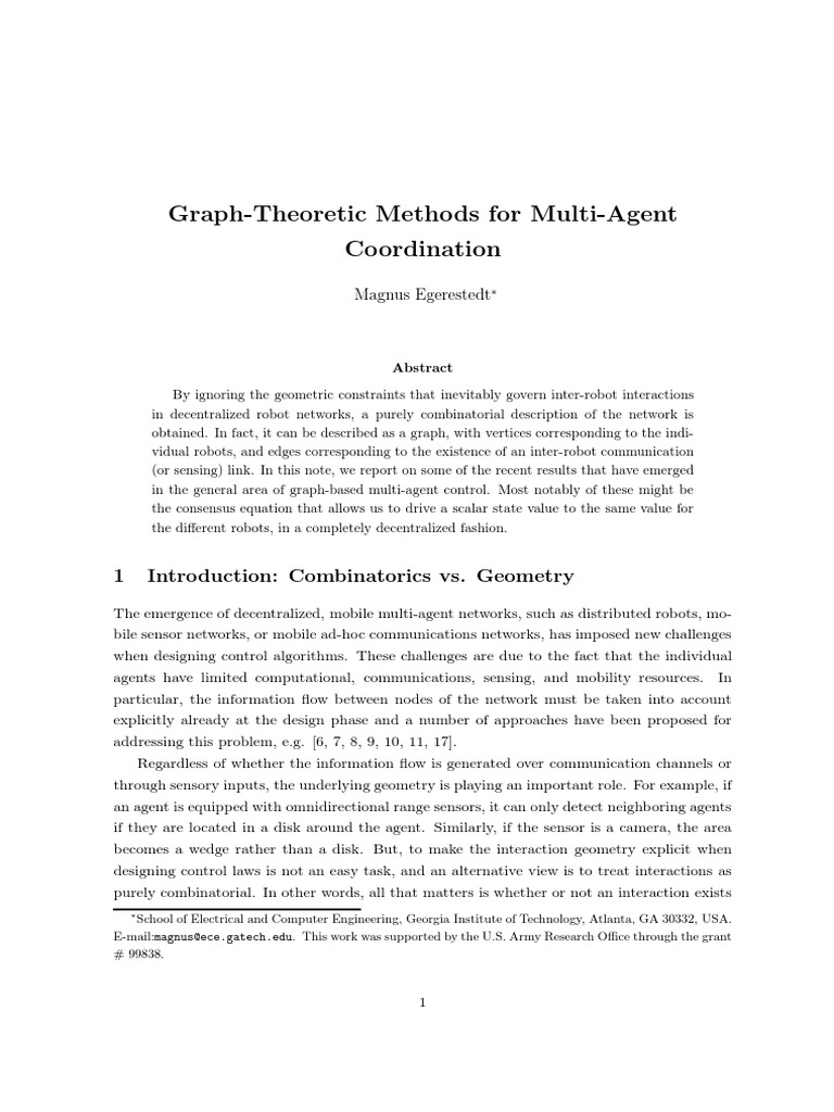 Graph-Theoretic Methods For Multi-Agent Coordination: 1 Introduction: Combinatorics vs. Geometry ...