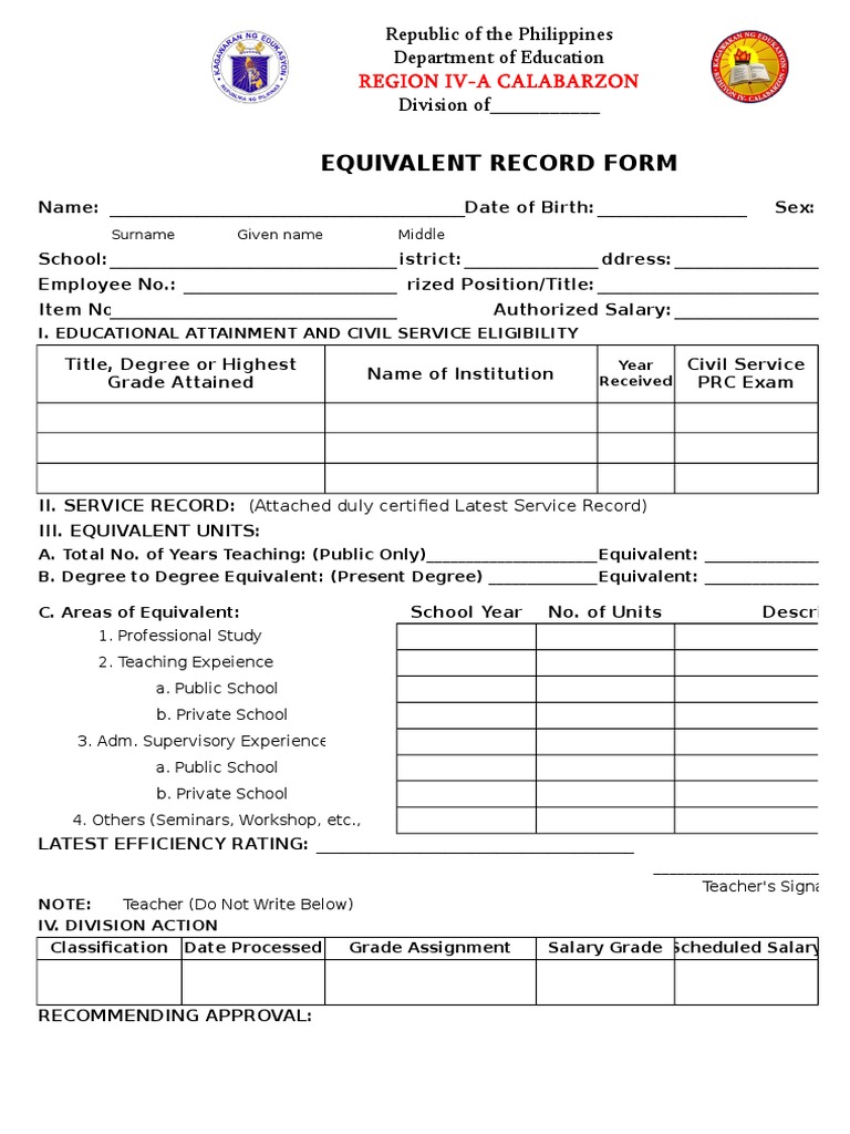 Equivalent Record Form: Region Iv-A Calabarzon | PDF | Learning ...