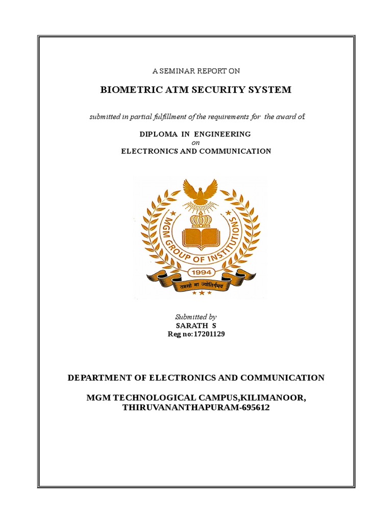 Biometric ATM Security System Report | PDF | Fingerprint | Biometrics