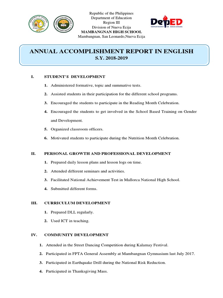 Annual Accomplishment Report 2018 | PDF | Academic Term | Teachers