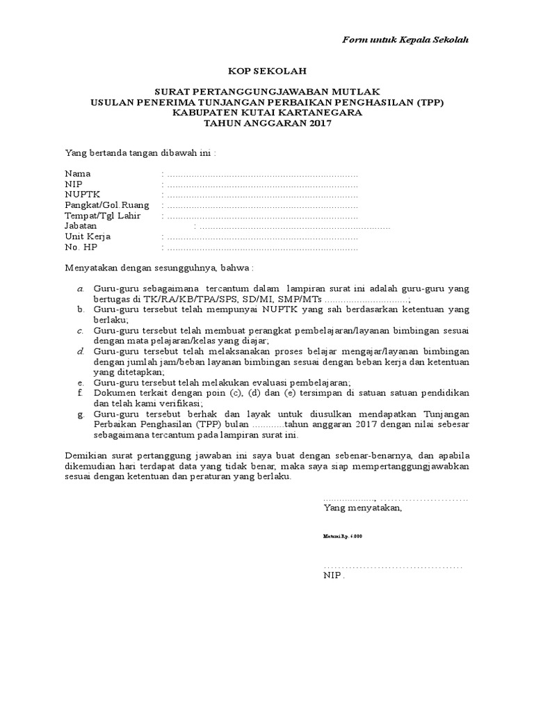 Draft SPTJM TPP Form Untuk Kepala Sekolah | PDF