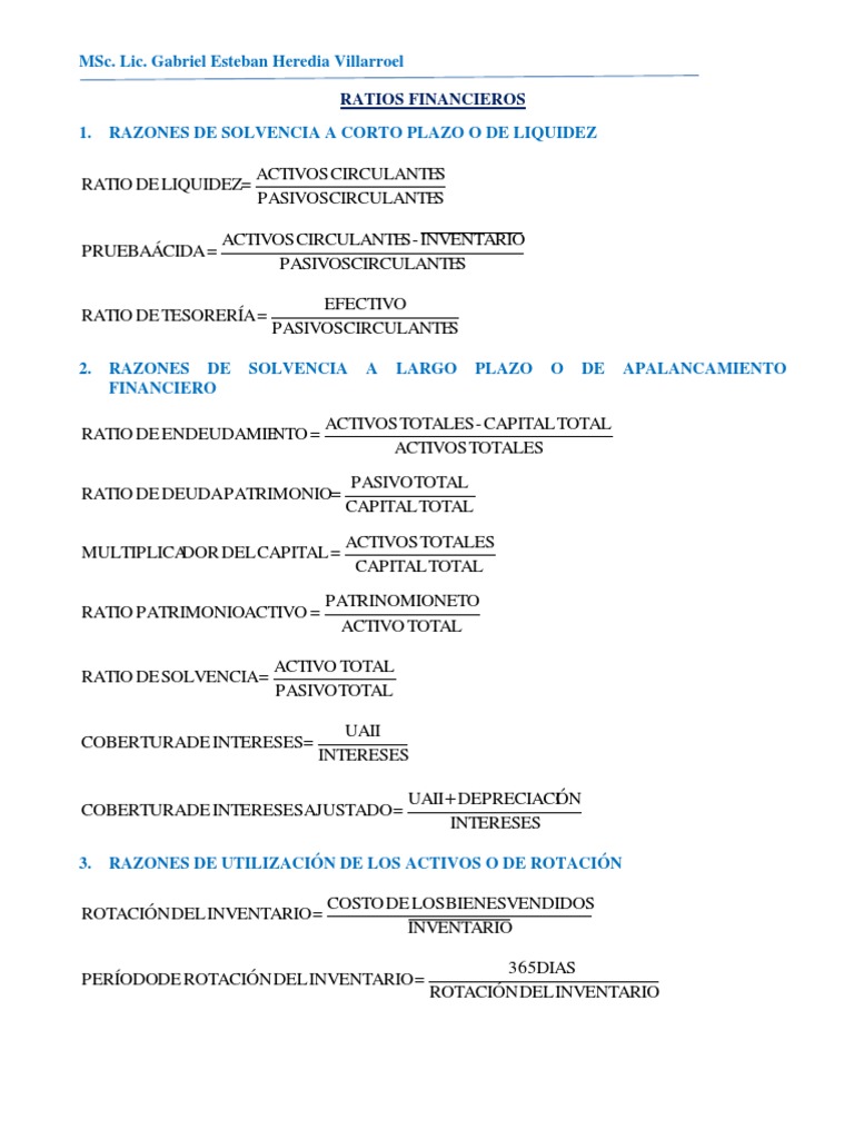 Formulario Ratios Financieros | PDF | Rentabilidad sobre recursos propios | Hoja de balance