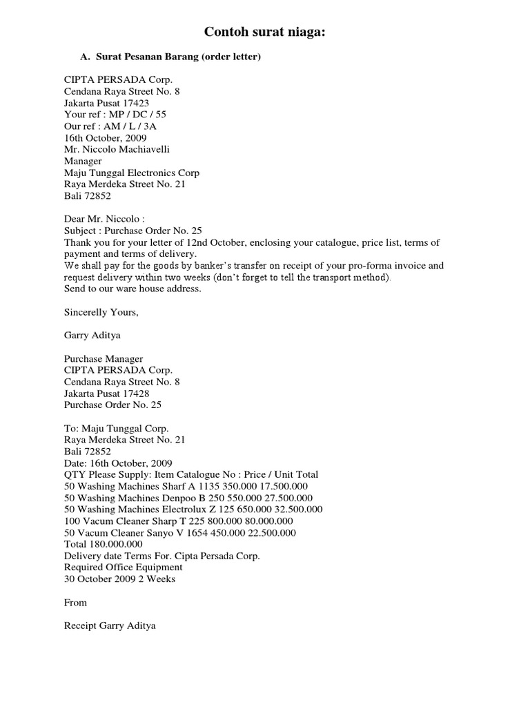 Contoh Surat Niaga:: A. Surat Pesanan Barang (Order Letter) | PDF ...