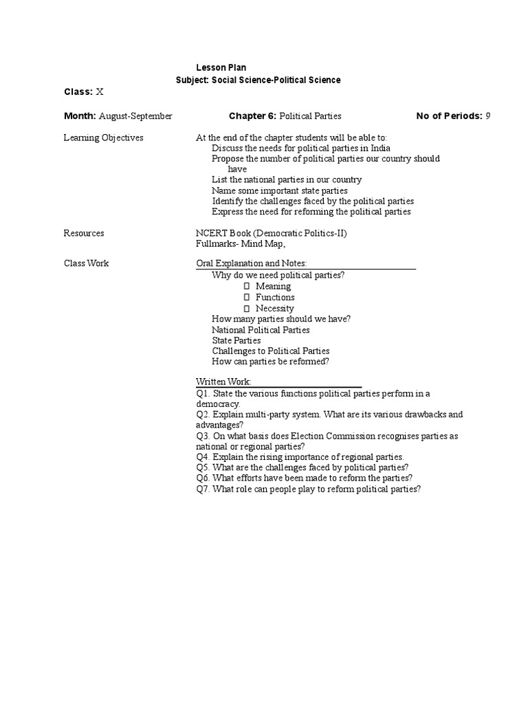 5september - Lesson Plan - 10th | PDF | Political Parties | Elections