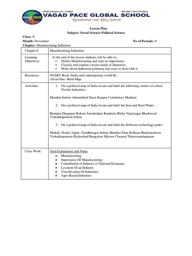 Lesson Plan Subject: Social Science-Political Science Class: X Month ...