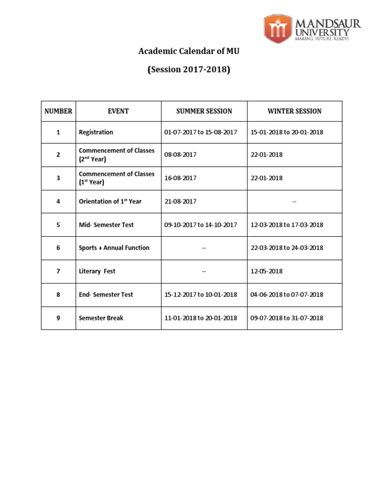 MU Academic Calendar 2017-2018 | PDF | Teaching Methods & Materials