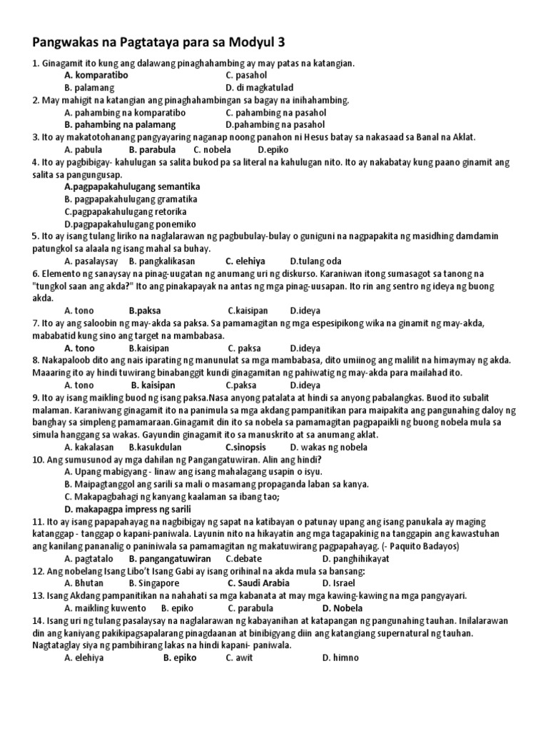 Pangwakas Na Pagtataya para Sa Modyul 3 | PDF