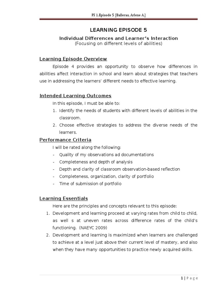 Individual Differences and Learner's Interaction: Learning Episode 5 ...