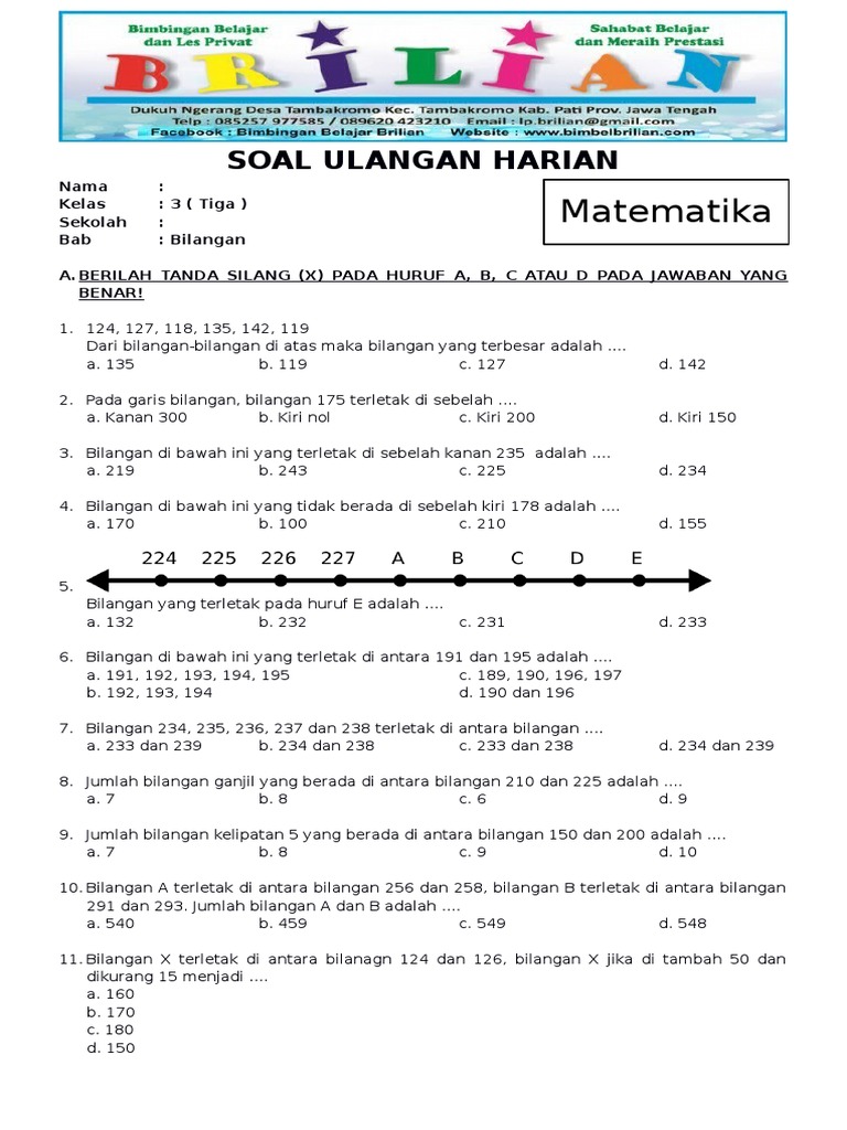 Soal Matematika Kelas 3 SD Bab 1 Bilangan Dan Kunci Jawaban | PDF