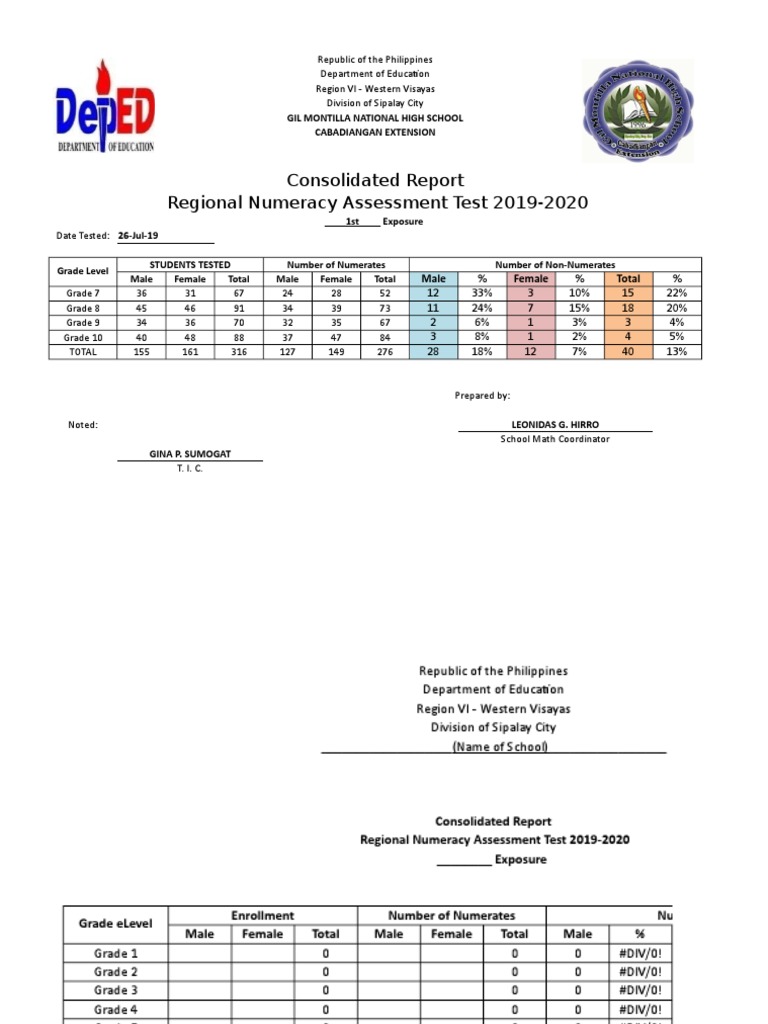 Consolidated Report Regional Numeracy Assessment Test 2019-2020 | PDF ...