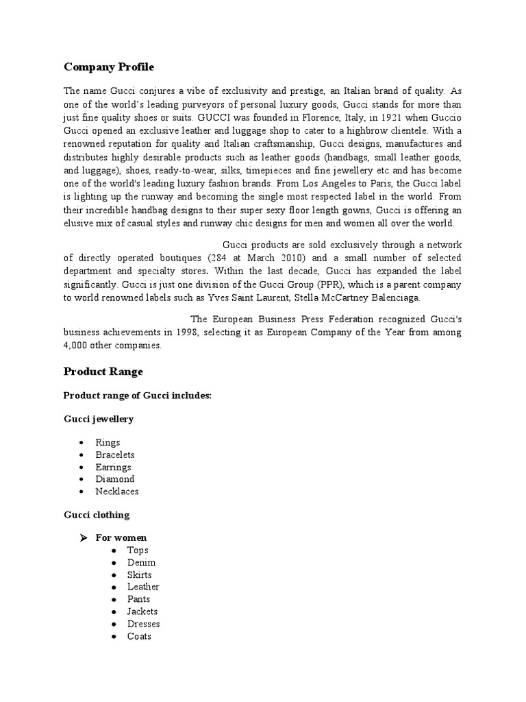 Gucci Company Profile and Product Range | PDF | Fashion | Clothing