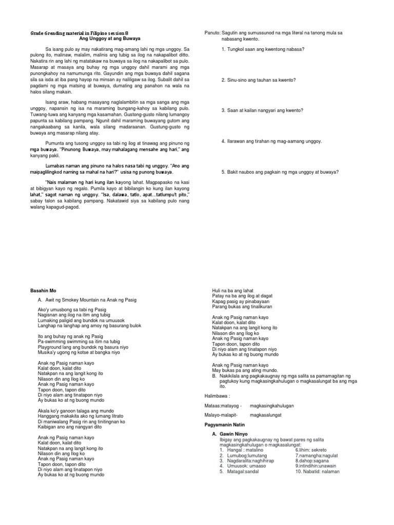 Grade 6 Reading Material in Filipino Session 8 | PDF