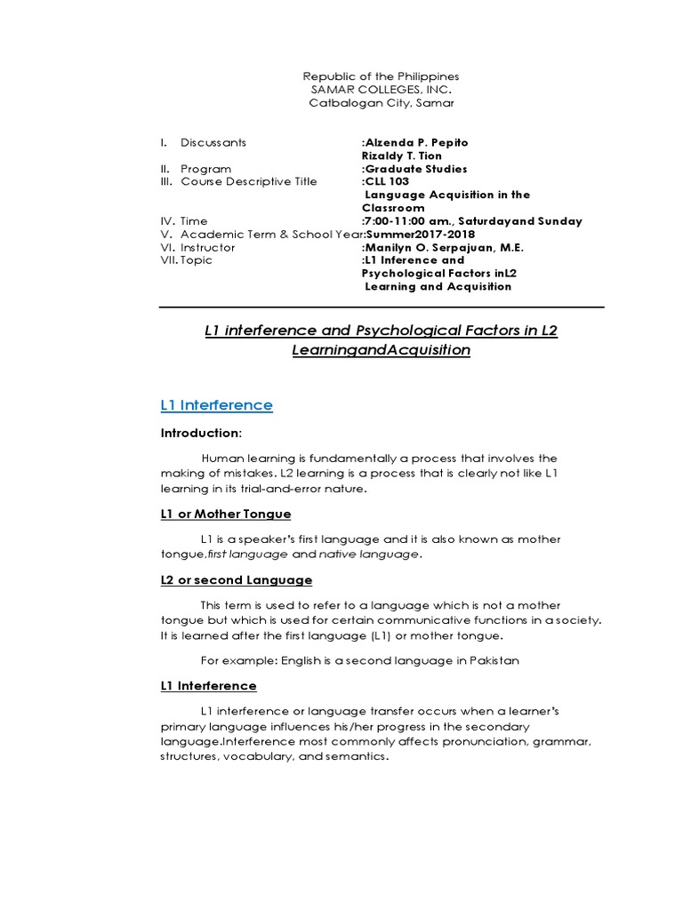 L1 Interferences and Psychological Factors in L2 Learning and ...