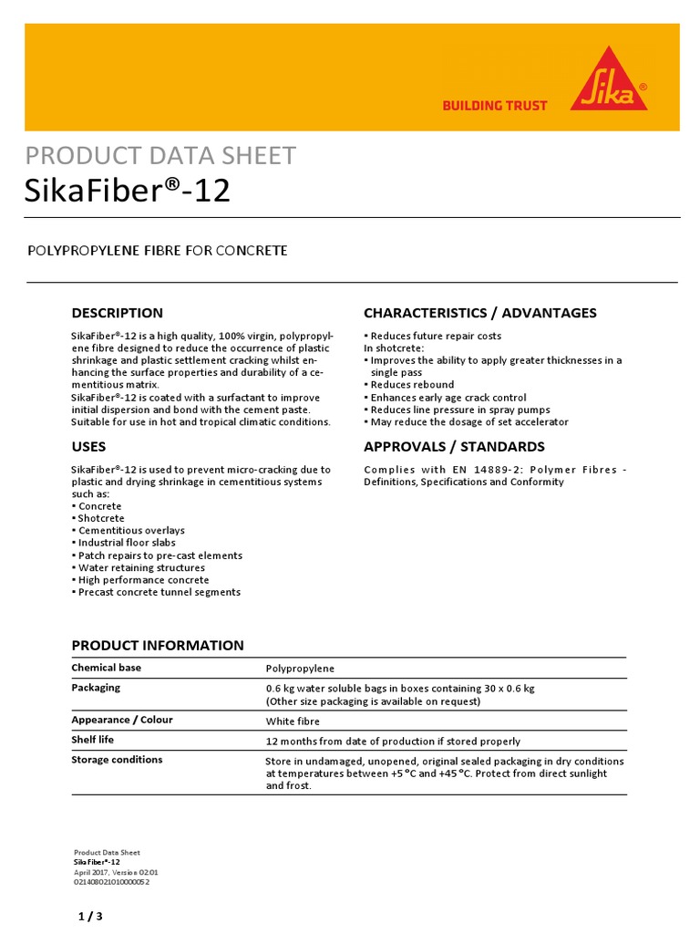 Sikafiber®-12: Product Data Sheet | PDF | Precast Concrete | Concrete