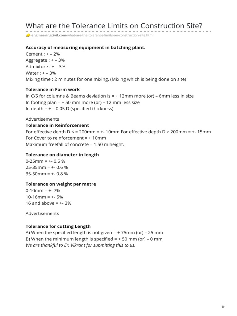 What Are The Tolerance Limits On Construction Site | PDF | Technology ...