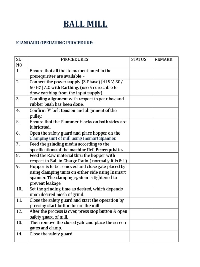 Ball Mill: Standard Operating Procedure | PDF | Mill (Grinding) | Steel