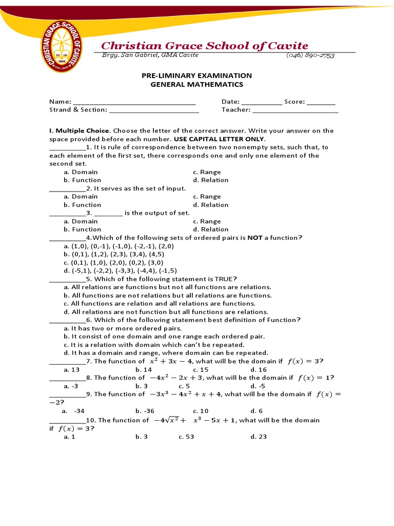 Prelim Genmath | PDF | Function (Mathematics) | Set (Mathematics)