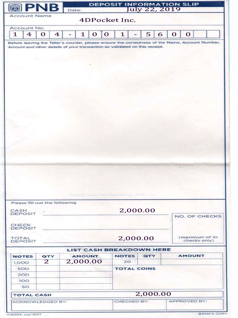 Cash Deposit Receipt Form