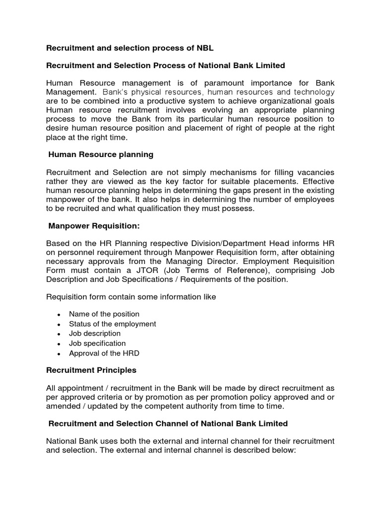 Recruitment and Selection Process of NBL | PDF | Recruitment | Human ...