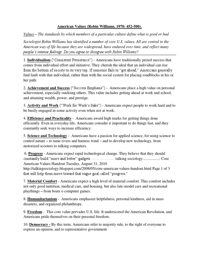 American Values (Robin Williams, 1970: 452-500) | PDF | Sociology ...