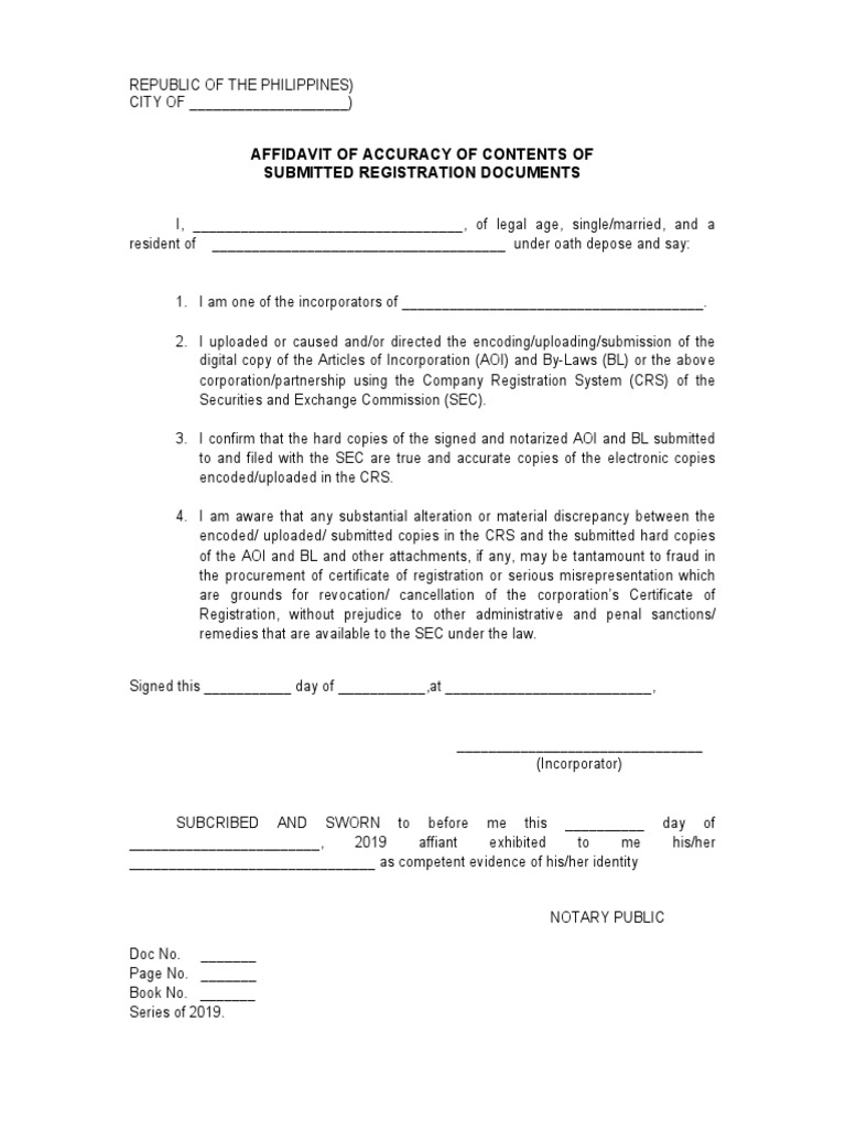 Affidavit of Accuracy of Contents of Submitted Registration Documents
