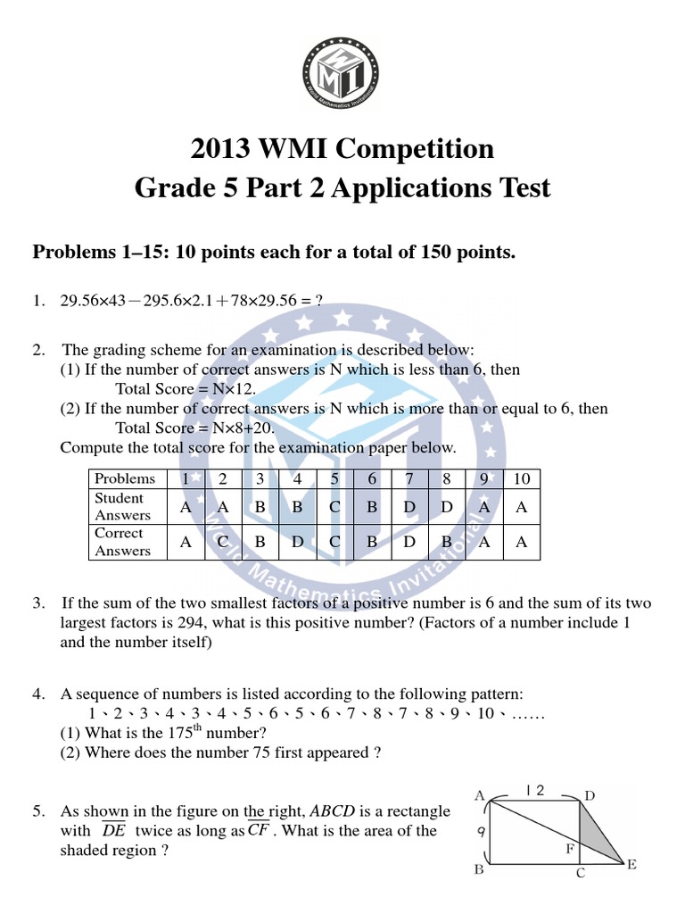 Grade 5 Part 2 Applications Test Problems | PDF | Fraction (Mathematics ...