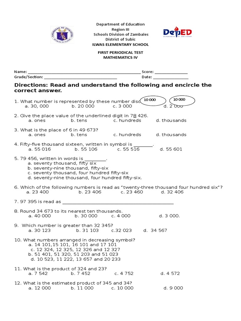 Grade 4 Math 1st Periodical Test | PDF | Division (Mathematics) | Noun