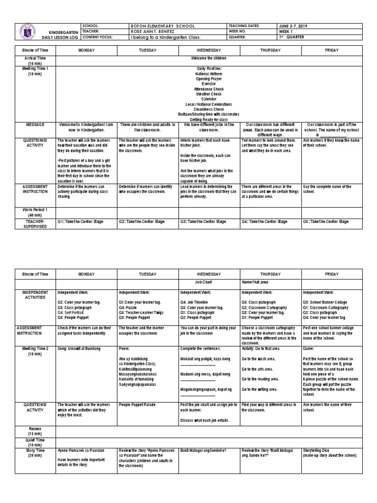 Kindergarten Daily Lesson Log JUNE 3-7, 2019 Week 1 1 Quarter | PDF ...