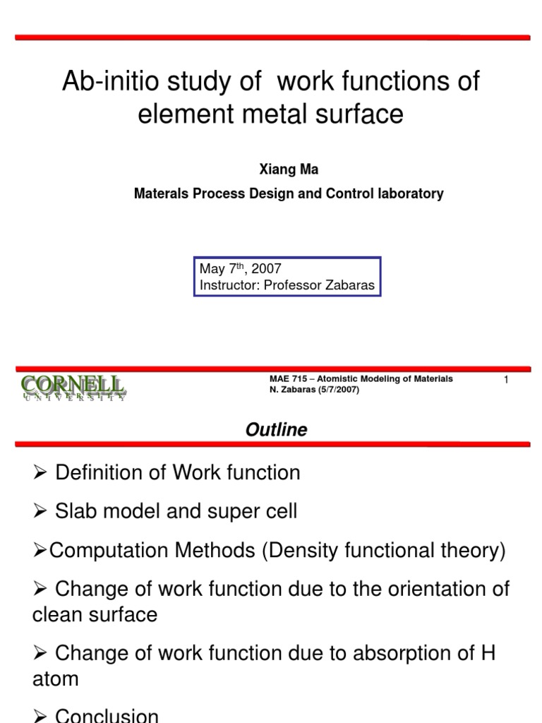 Ab-Initio Study of Work Functions of Element Metal Surface: C O R N E L ...